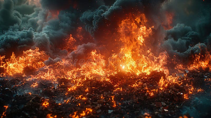 A Fire is Burning in a Field of Debris Stock Image - Image of smoke ...
