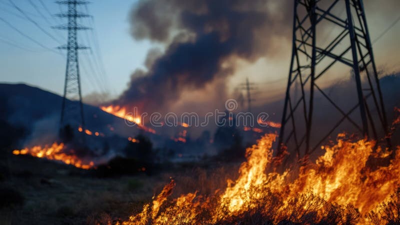 A Fire Burning in a Field Next To Power Lines Stock Photo - Image of ...