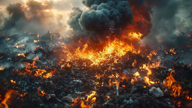 A Fire is Burning in a Field of Trash Stock Photo - Image of smoke ...