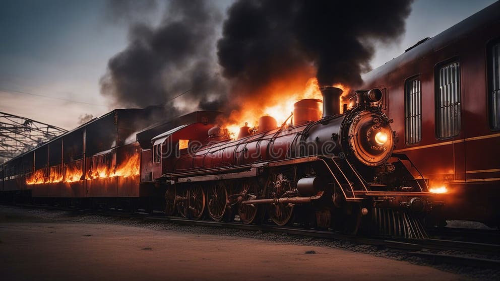 Fire Burning in the Fire a Burning Classic Train on Fire, Explosion ...
