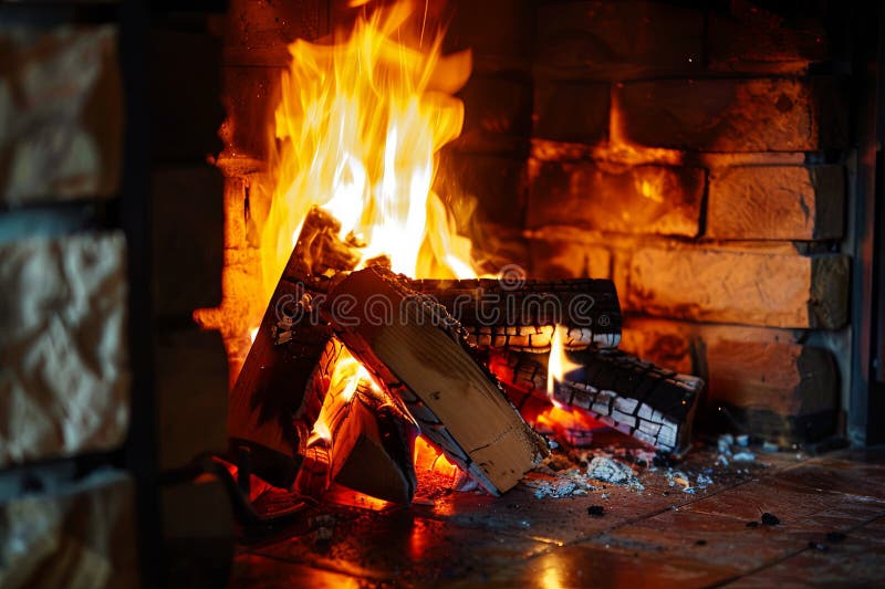 Fire Burning in Fireplace beside Brick Wall Stock Photo - Image of ...