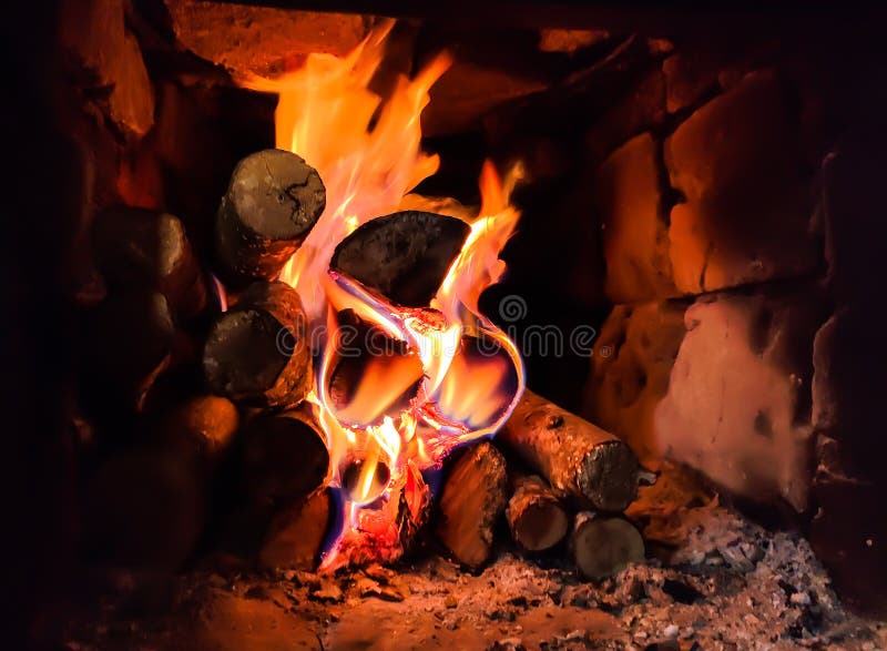 Fire Burning on Fireplace. Cozy Winter Interior. Bright Flame. Stock ... Fire Burning on Fireplace. Cozy Winter Interior. Bright Flame. Stock ...