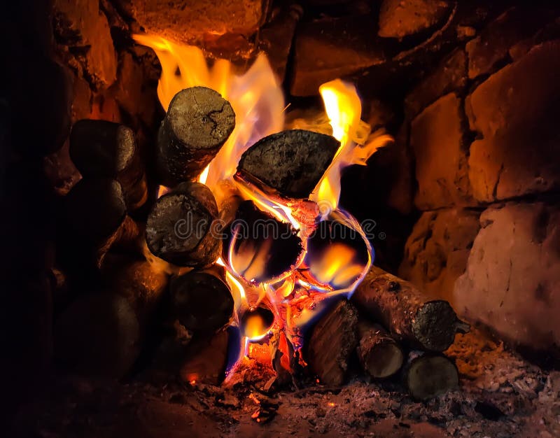 Fire Burning on Fireplace. Cozy Winter Interior. Bright Flame. Stock ...