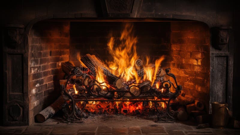 A Fire Burning in a Fireplace with Logs and Wood, AI Stock Photo ...