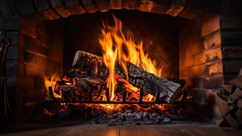 A Fire Burning in a Fireplace with Logs and Wood, AI Stock Photo ...