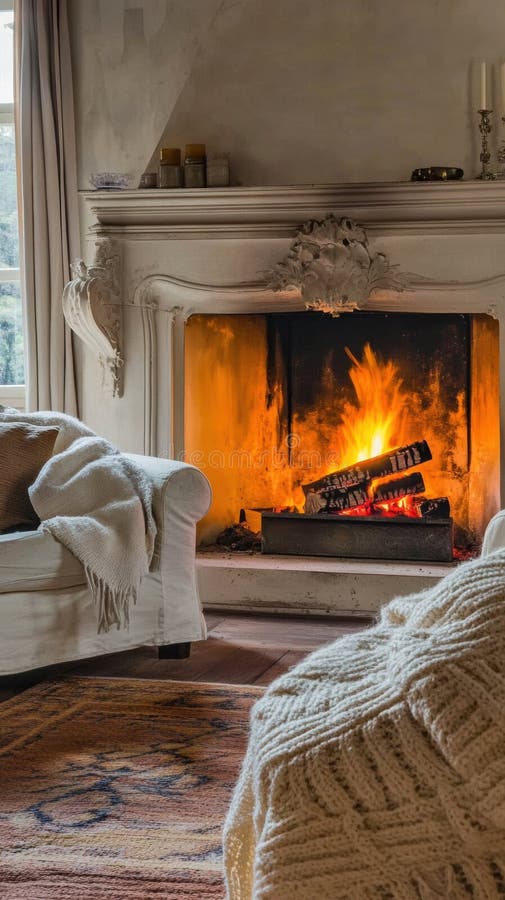 A Fire Burning in a Fireplace with Two White Chairs, AI Stock Image ...