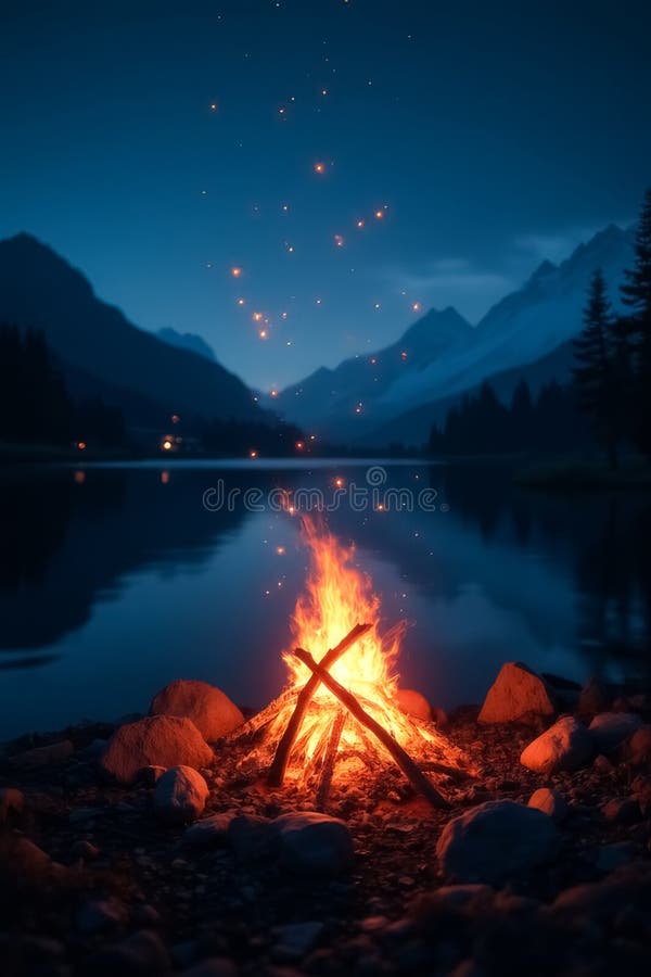 A Fire is Burning in Front of a Lake Stock Photo - Image of camp, heat ...