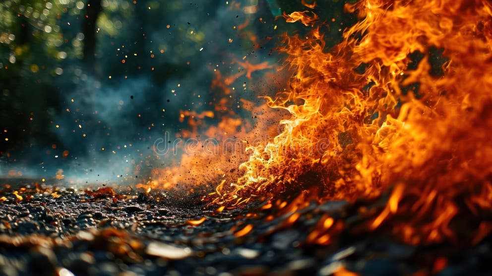 A Fire is Burning on the Ground Near Some Trees, AI Stock Illustration ...