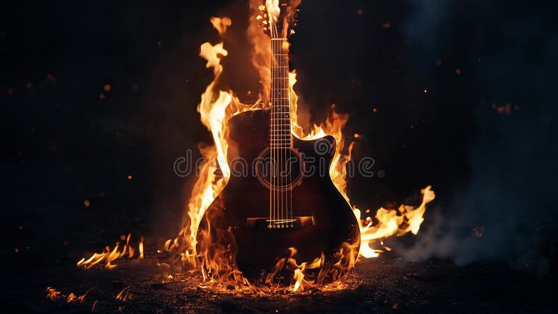 A Fire Burning from a Guitar on Black Background, on Fire Performance ...