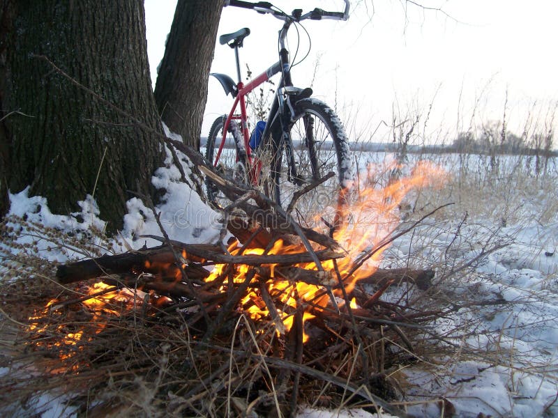 The Fire is Burning. Hiking Trip. Winter. Stock Image - Image of leaf ...
