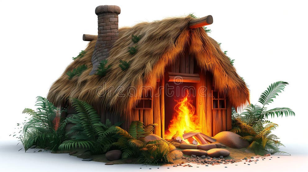 Fire Burning in a Hut in the Village on a White Stock Illustration ...