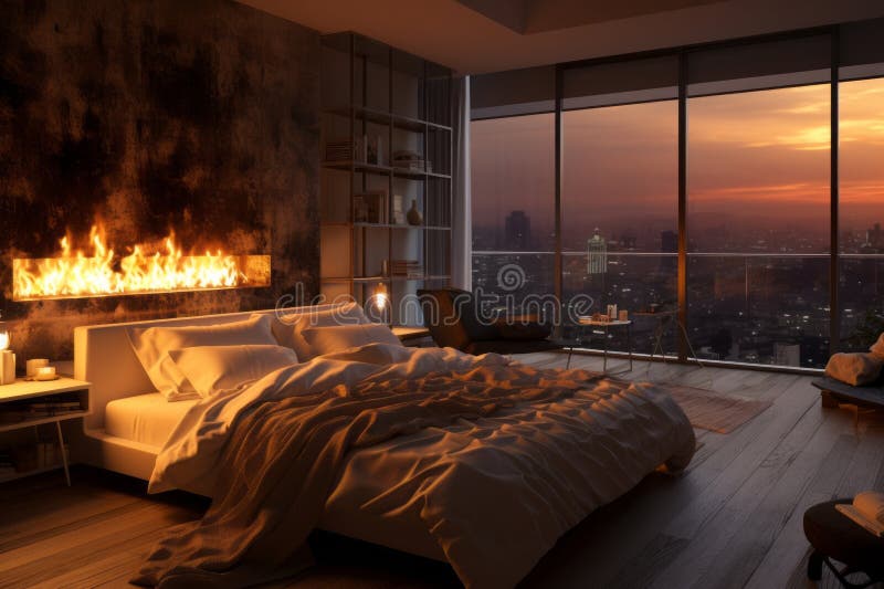 Fire Burning Inside the Bedroom of the Residential House. Generative Ai ...