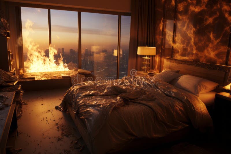 Fire Burning Inside the Bedroom of the Residential House. Generative Ai ...