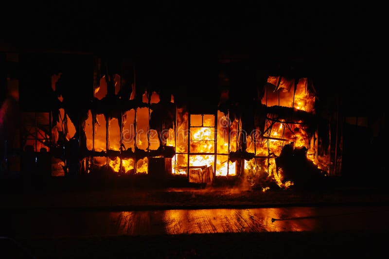 Fire Burning Inside Building at Night Stock Image - Image of rescue ...