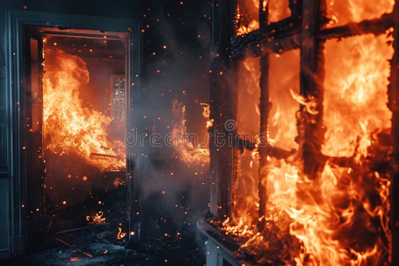 A Fire Burning Inside a House Next To a Window. Suitable for ...