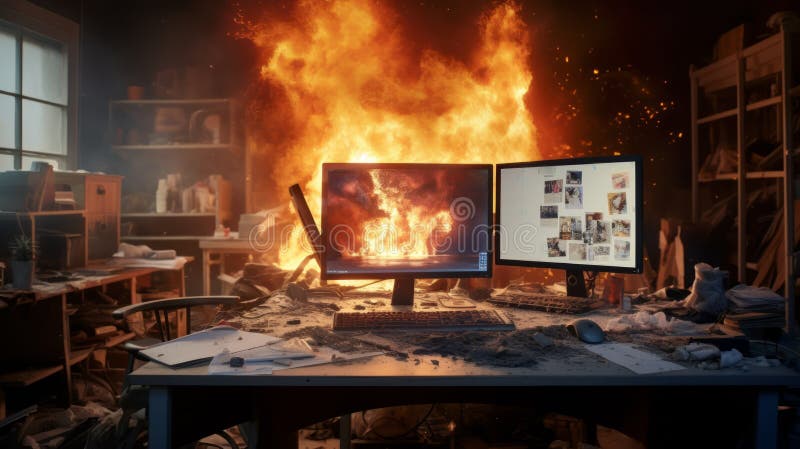 Fire Burning Inside the Office Room Interior. Fire Accident Concept ...