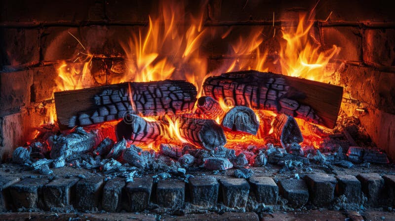 Fire Burning Inside Stone Fireplace Stock Photo - Image of light ...