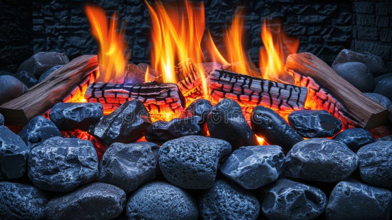 Fire Burning Inside Stone Fireplace Stock Photo - Image of ember ...