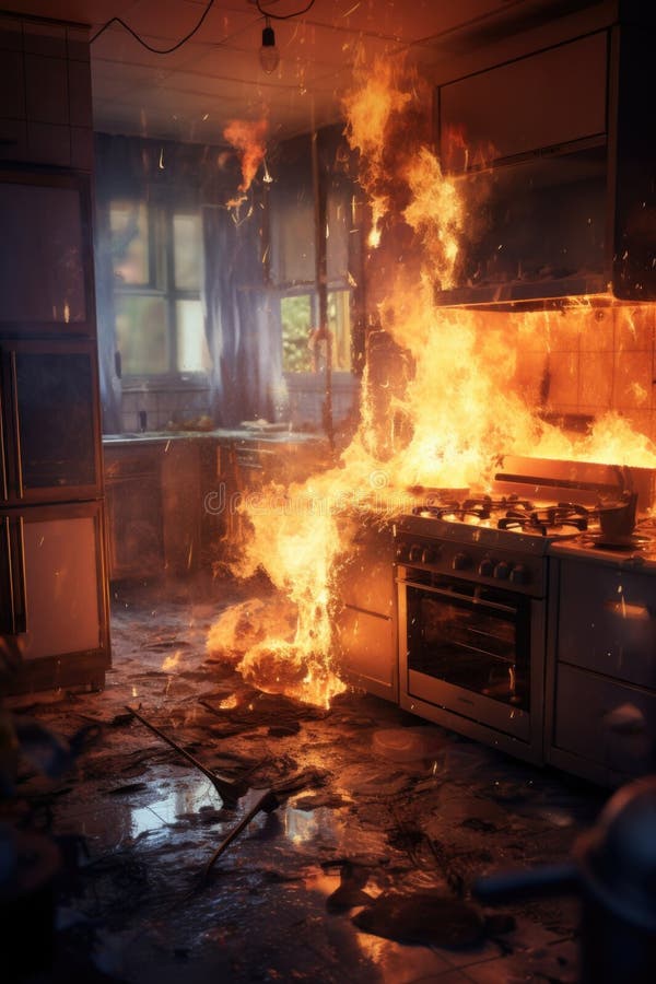 A Fire Burning in a Kitchen with a Stove. Suitable for Safety and Home ...