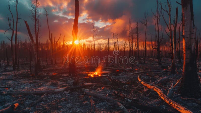 A Fire Burning in the Middle of a Charred Forest Landscape, with ...
