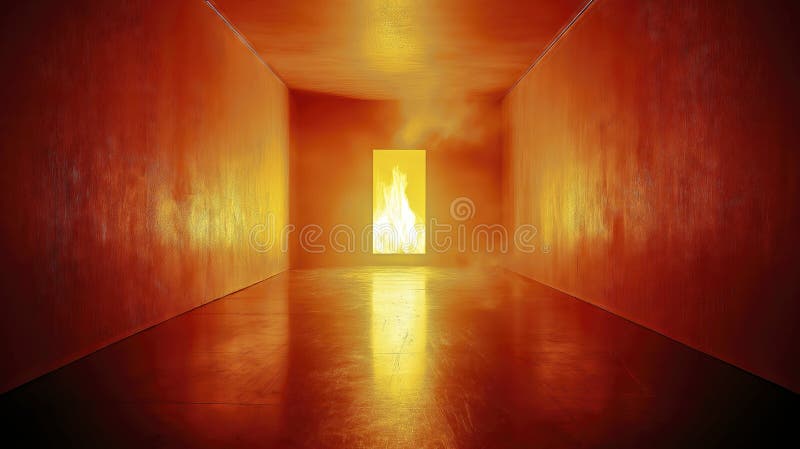Fire is Burning in the Middle of an Empty Room with Red Walls, Creating ...