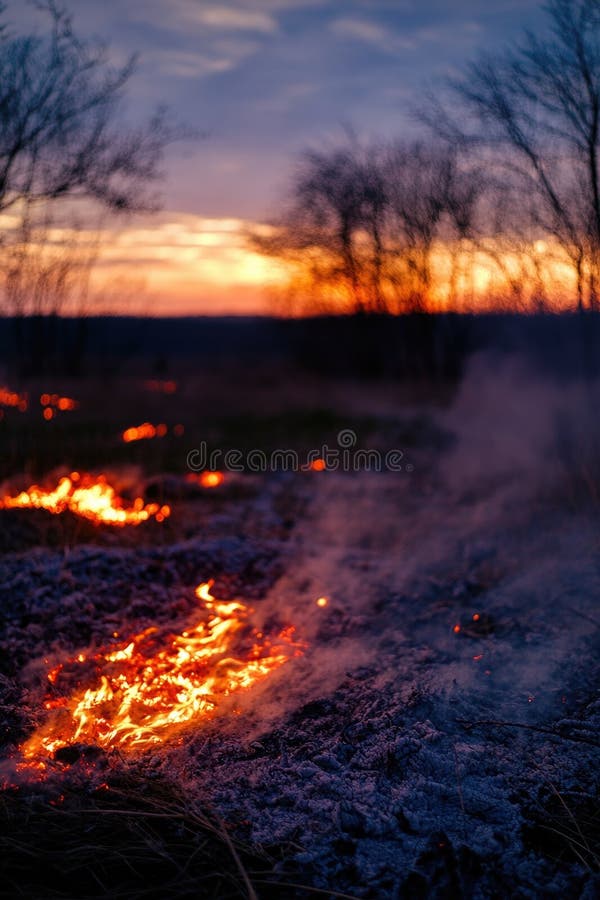 A Fire is Burning in the Middle of an Open Field, with Flames and Smoke ...