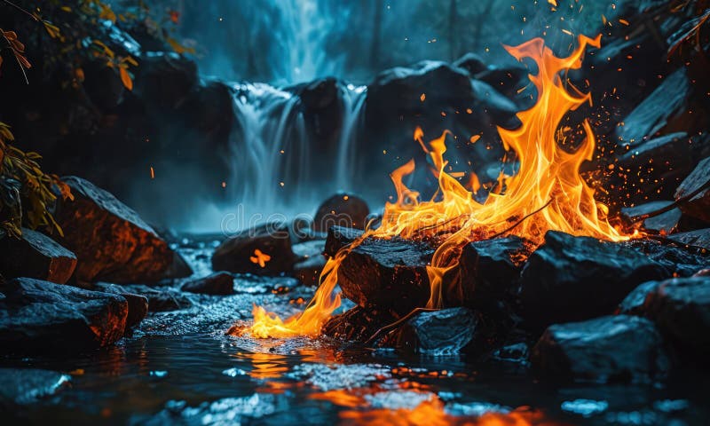 A Fire is Burning in the Middle of a River, with a Waterfall in the ...