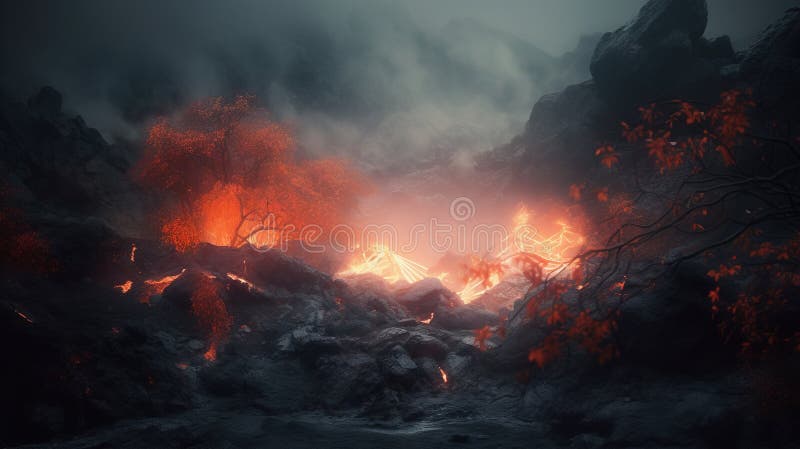 A Fire Burning in the Middle of a Rocky Area with Trees and Rocks on ...