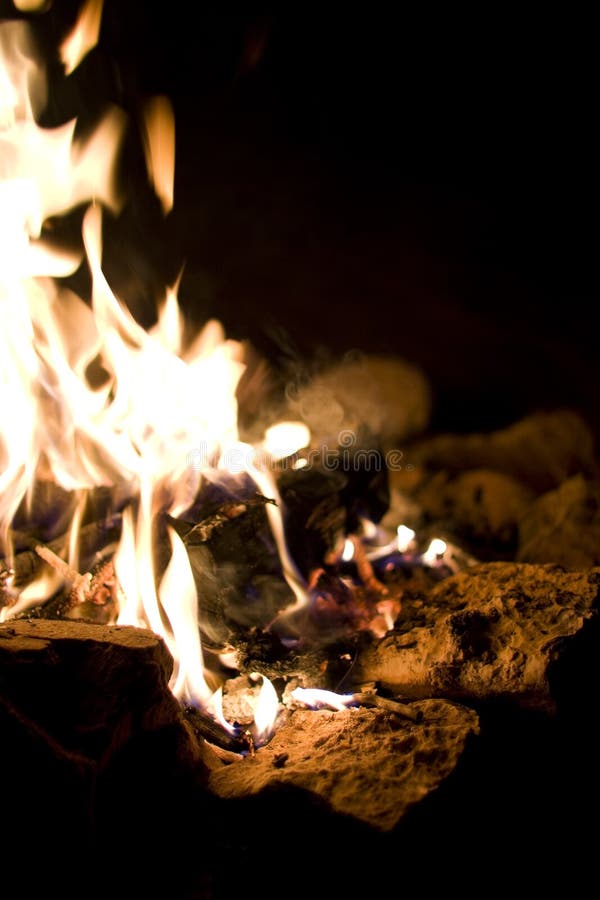 Fire Burning At Night In Campsite Stock Image - Image of romantic, wood ...