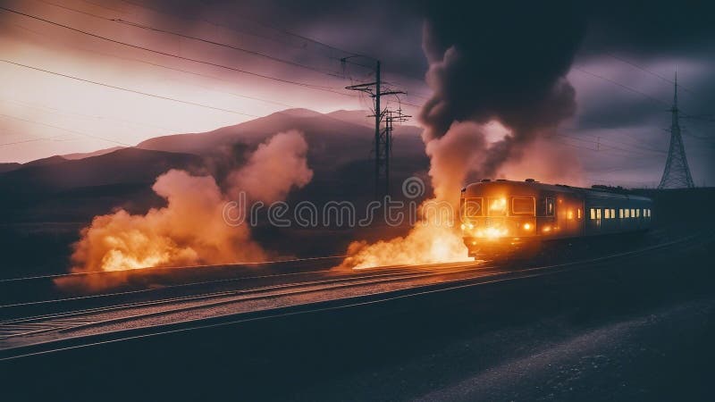 Fire Burning in the Night Train Driving through Fire and Ice, with ...