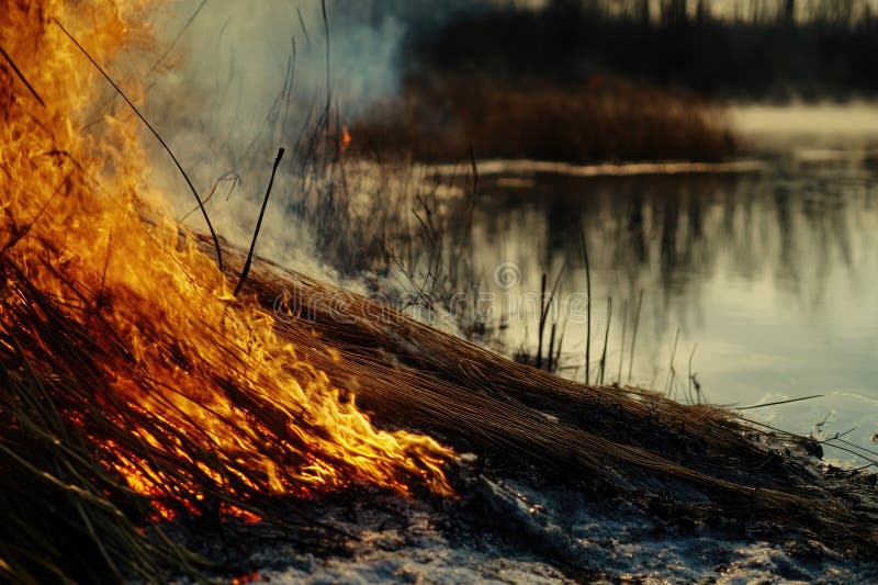 A Fire Burning in an Open Field with Flames and Smoke Stock Image ...