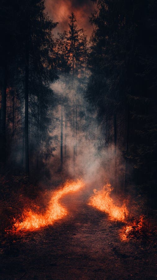 Fire Burning on a Path in a Dark Forest at Dusk Stock Photo - Image of ...