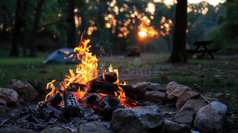 A Fire is Burning in a Pile of Wood, with a Tent in the Background ...