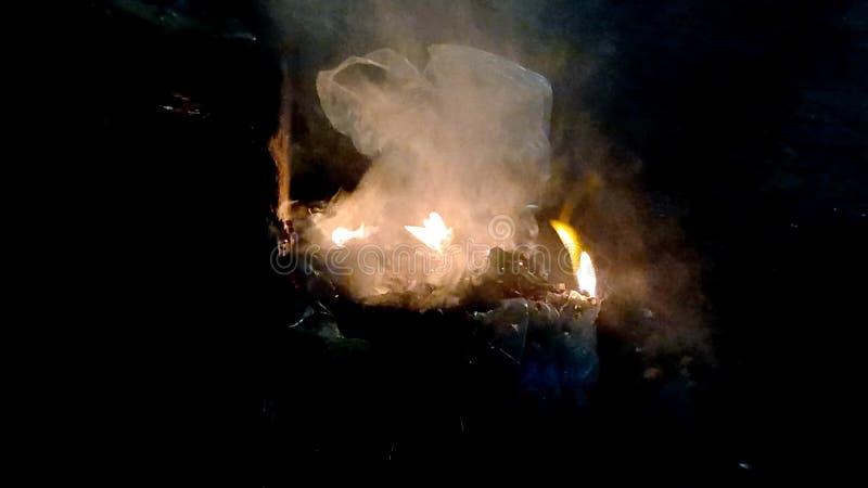 Fire from Burning Plastic Waste at Night. Industrial Waste Burning Fire ...
