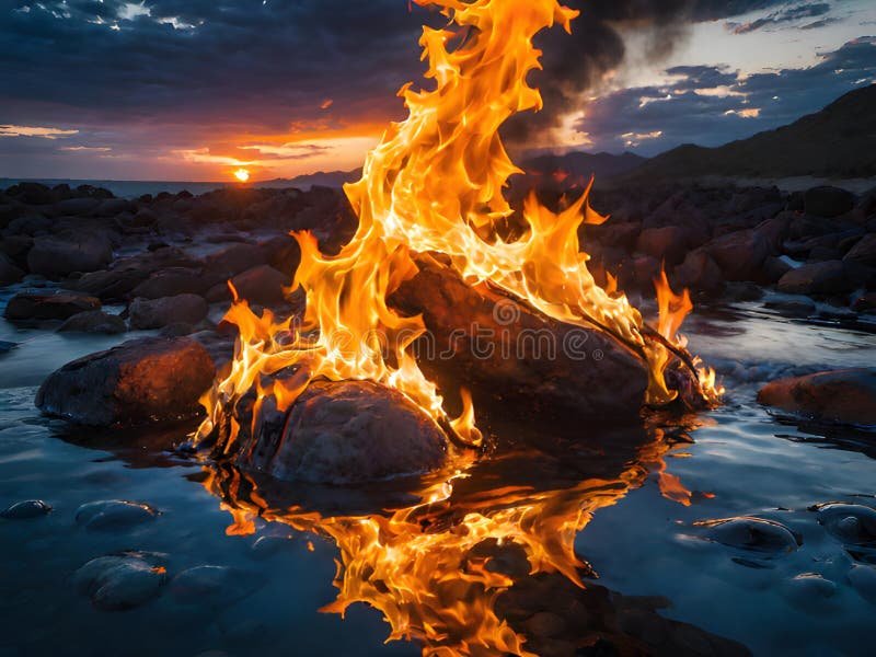 Fire burning on the river stock illustration. Illustration of evening ...