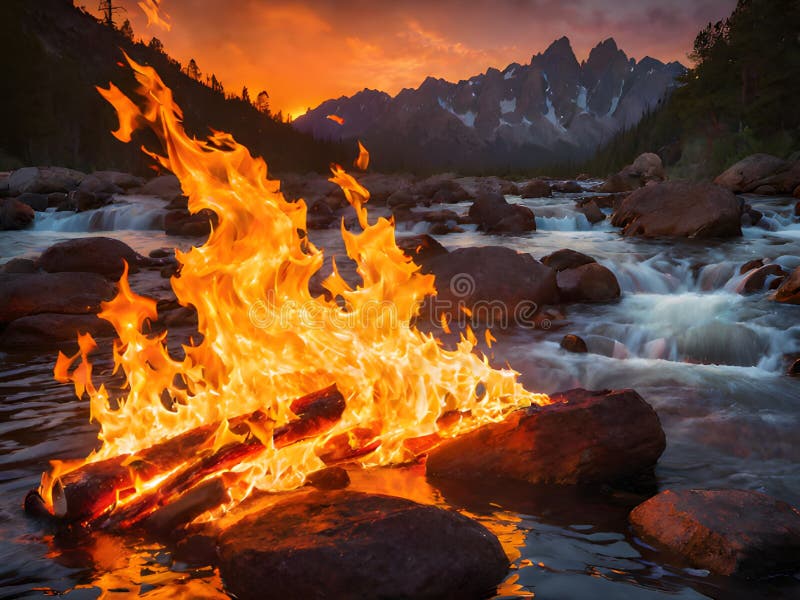 Fire burning on the river stock illustration. Illustration of burning ...