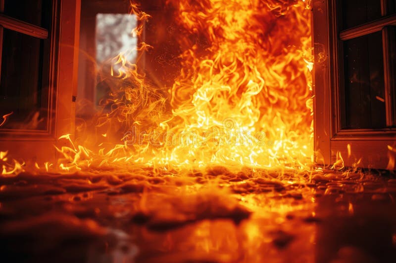 A Fire is Burning in a Room with a Door Open Stock Image - Image of ...