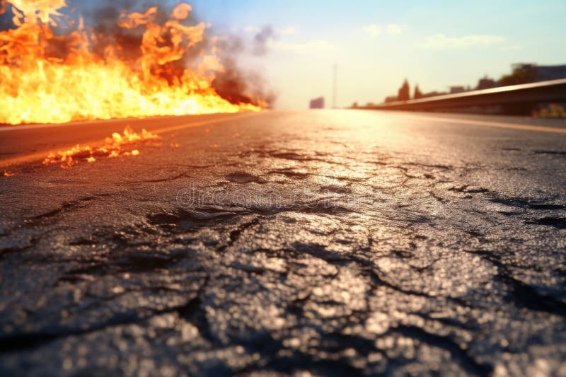A Fire Burning by the Side of the Road with Flames and Smoke Stock ...