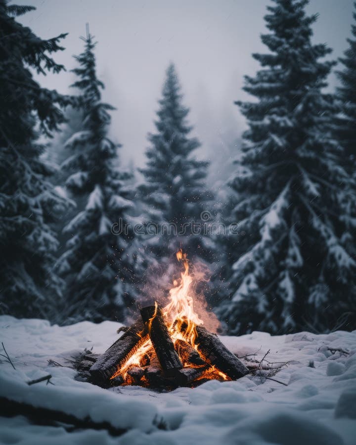 Fire Burning in Snowy Forest Stock Illustration - Illustration of snow ...