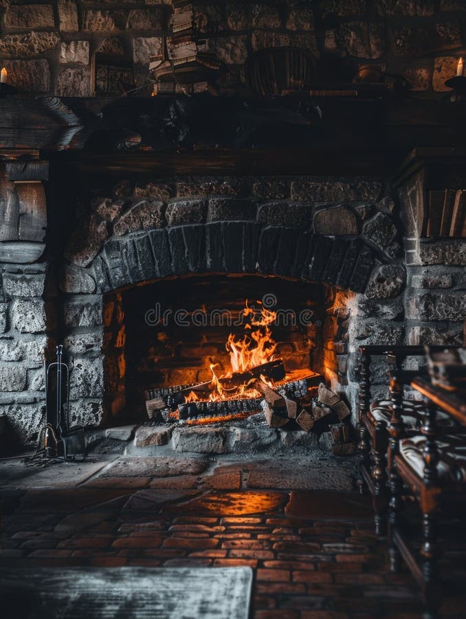 Fire Burning in a Stone Fireplace Stock Image - Image of cabin, logs ...