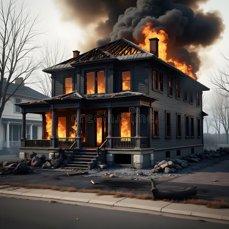 Illustration of a Two-story House that Was Badly Burned. Stock ...