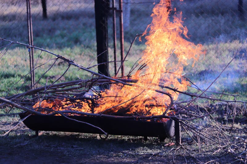 A Fire is Burning in a Tin Trough Stock Photo - Image of person ...