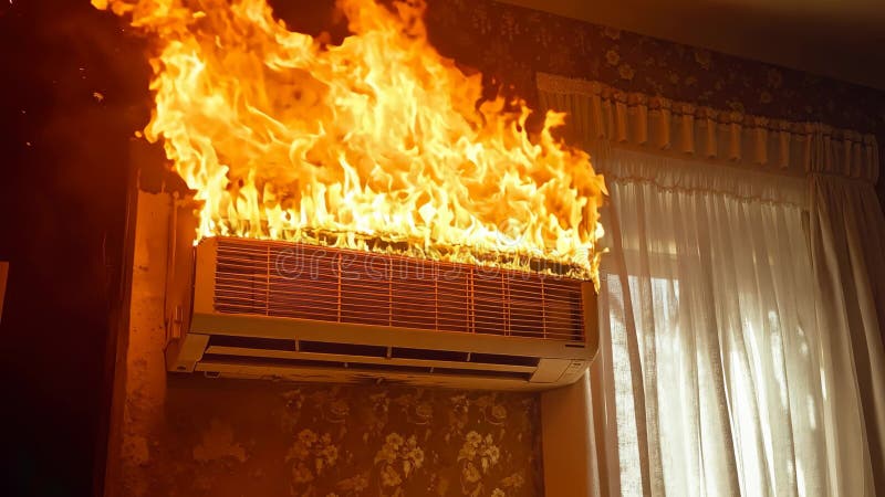 A Burning Air Conditioner on Fire with Smoke Coming Out of it Stock ...