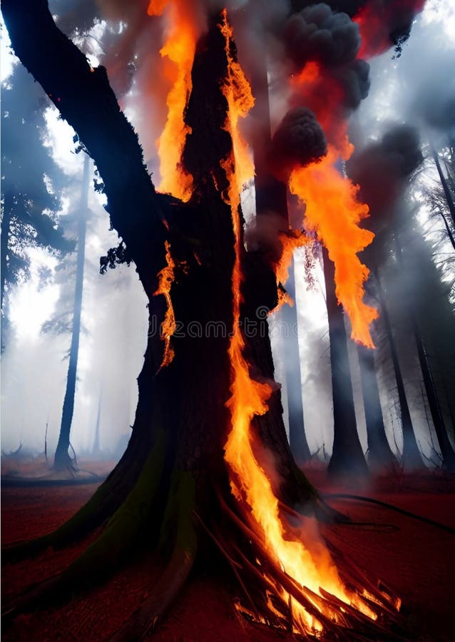 Fire Burning Tree in Dark Forest , Ai Generated Stock Illustration ...