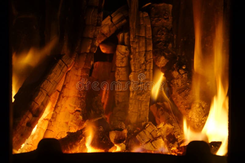 Fire. Burning Wood in the Fireplace. Side View. Stock Photo - Image of ...