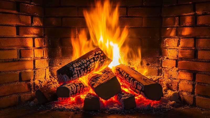 A Fire Burns in a Brick Fireplace in a Dark Room Stock Photo - Image of ...