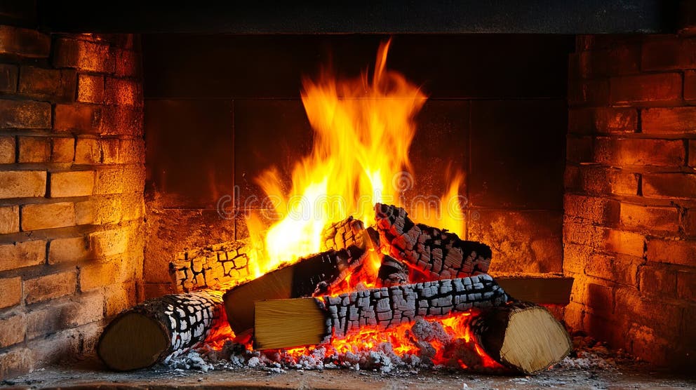 A Fire Burns in a Brick Fireplace with Logs in it Stock Image - Image ...