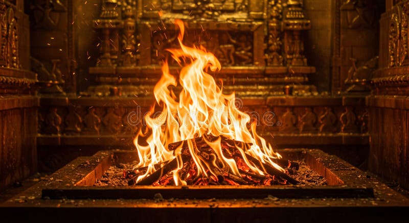 A Fire Burns Brightly in a Rectangular Ceremonial Pit, with Flames ...