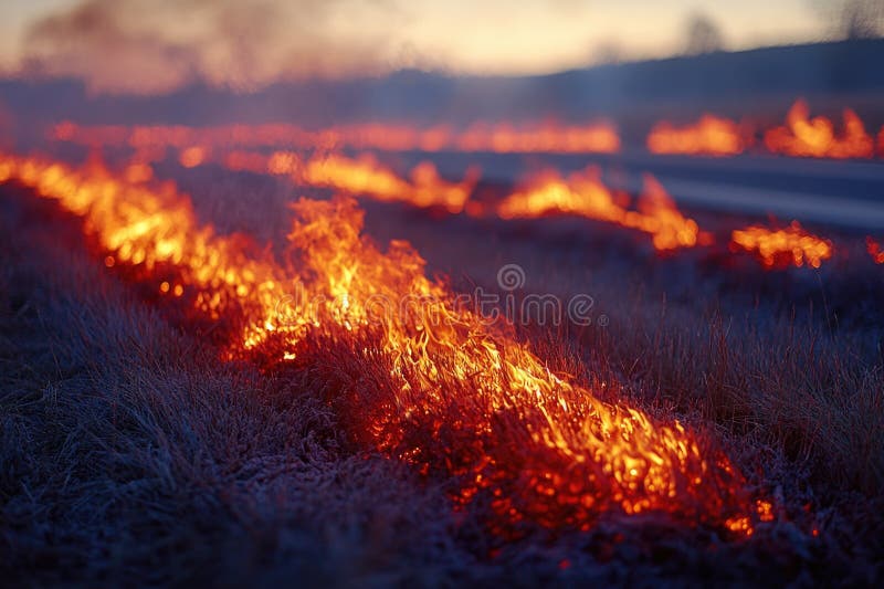 A Fire Burns in the Center of a Grassy Field, Surrounded by Flames and ...