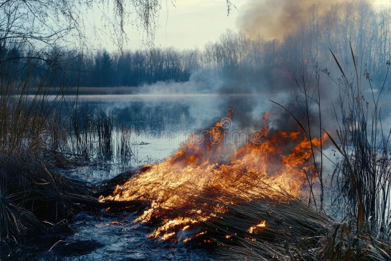 A Fire Burns in the Center of a Serene Lake Stock Image - Image of ...